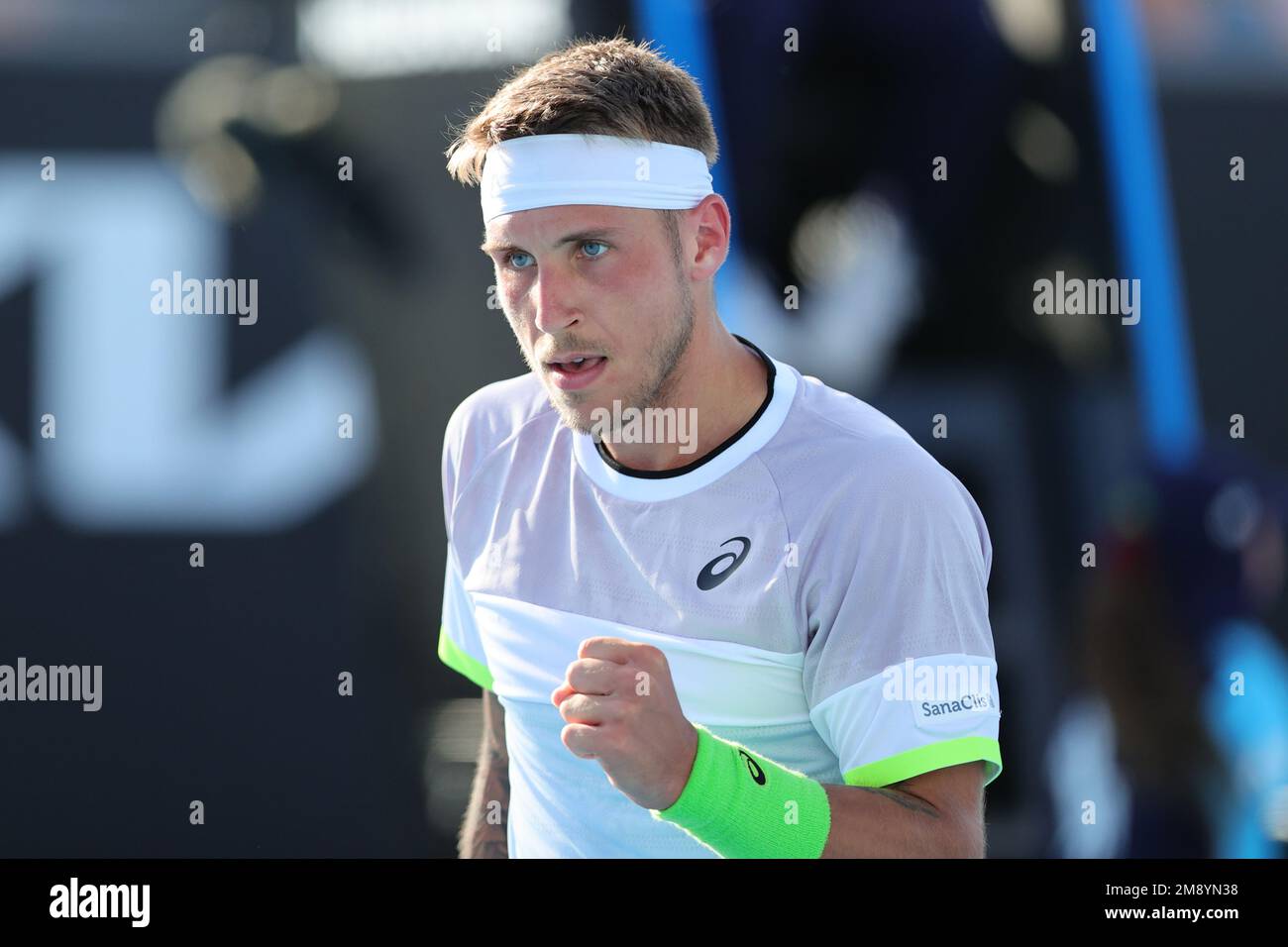 Melbourne, Australia. 16th Jan, 2023. Alex Molten of Slovakia reacts ...