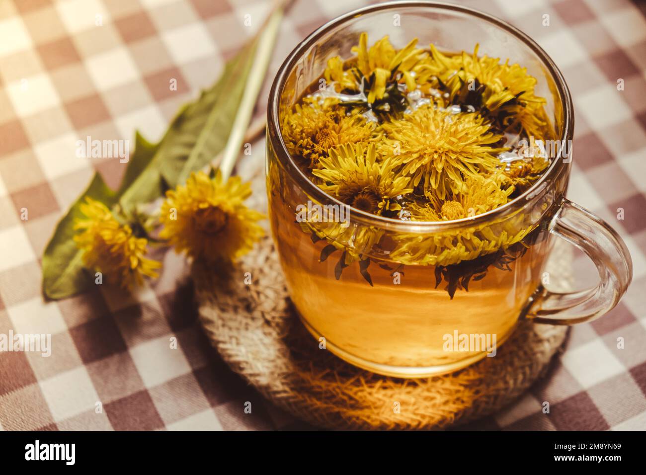 Dandelion flower healthy tea in glass cup on table. Herbal medicine ...