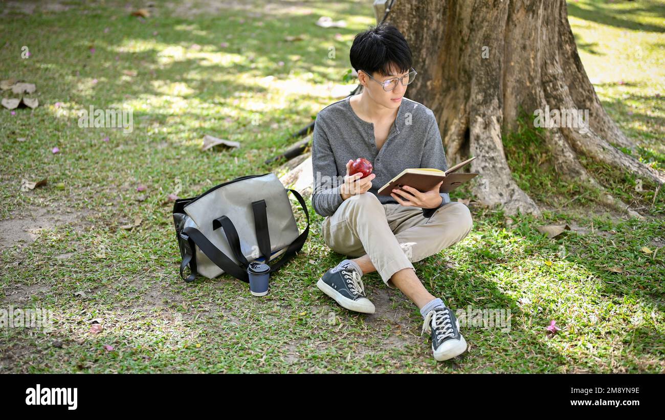 Relaxed and focused young Asian male college student eating apple while ...