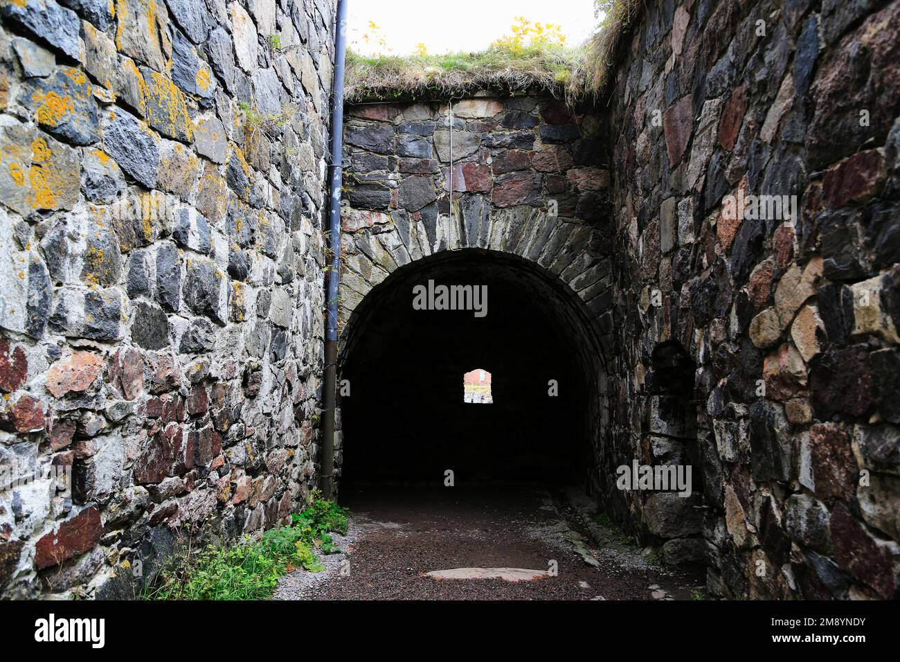 Opening in the wall in the sea fortress of Suomenlinna, near Helsinki ...