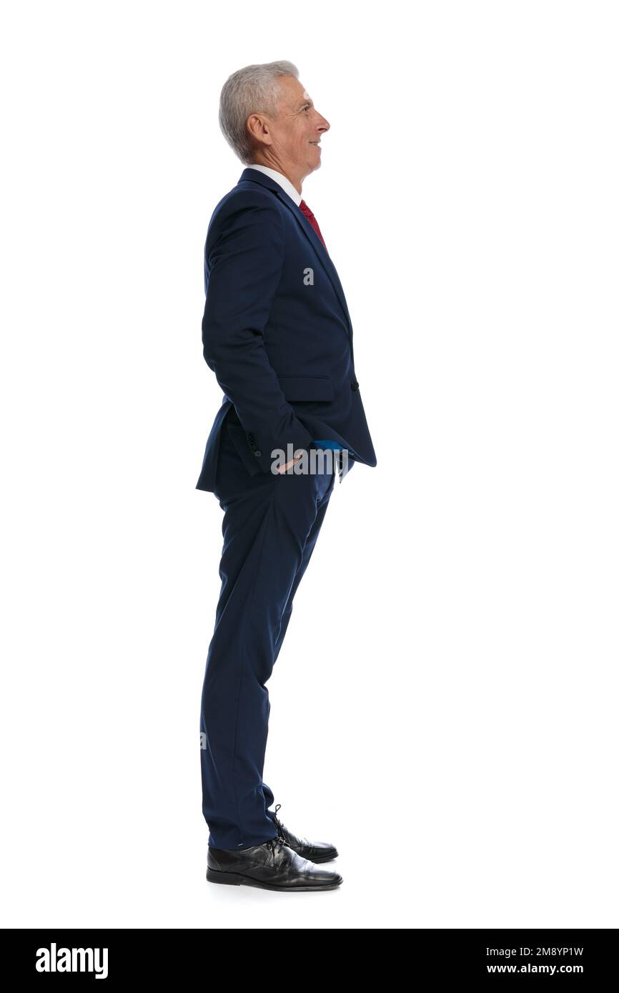 full body picture and side view of an happy businessman feeling relaxed ...