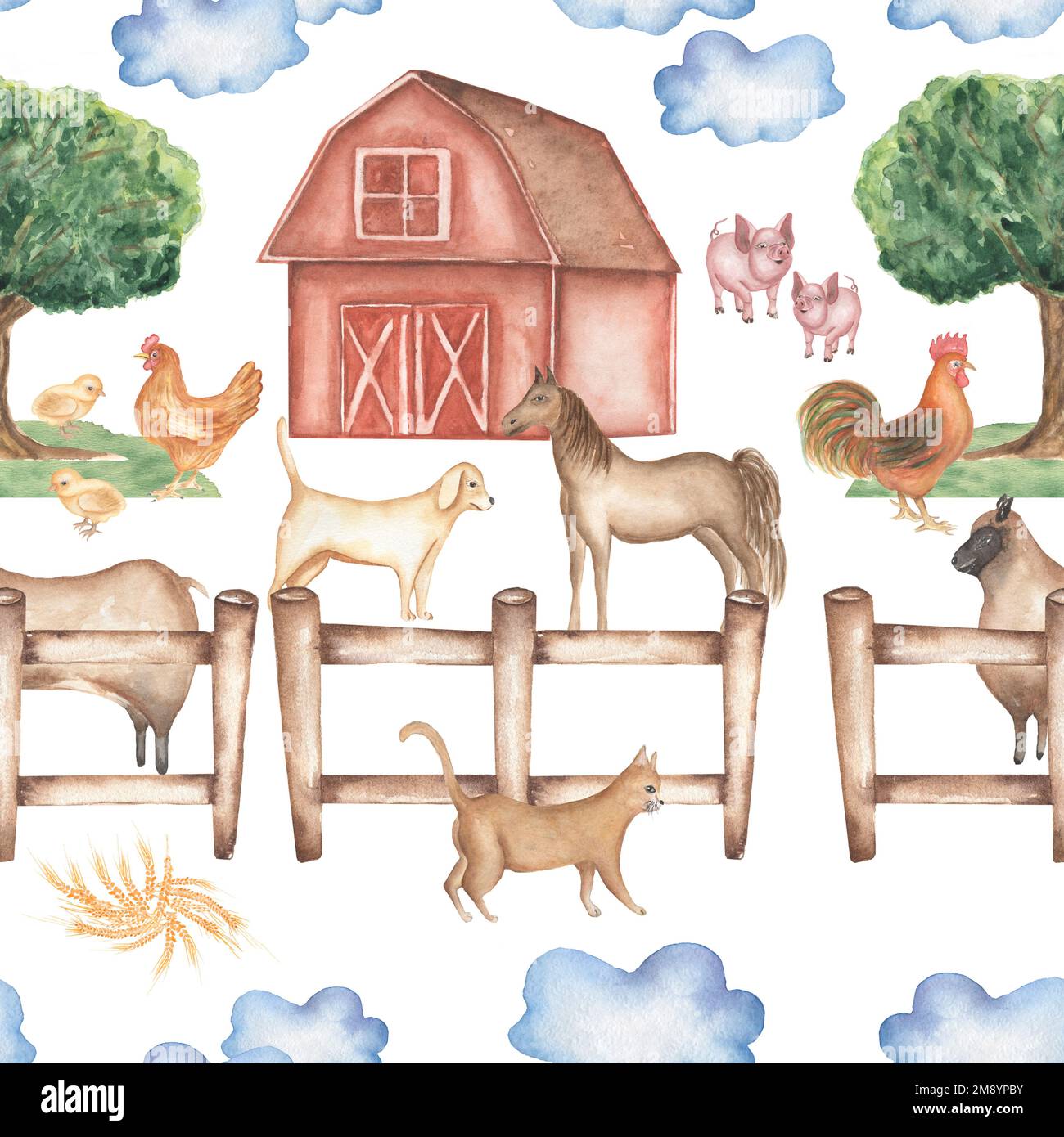 Watercolor farm animals seamless pattern. Hand drawn objects: cute pink ...