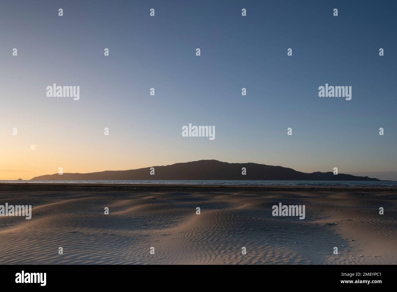 Kapiti Island and sand dunes at Waikanae beach, Kapiti District, North ...