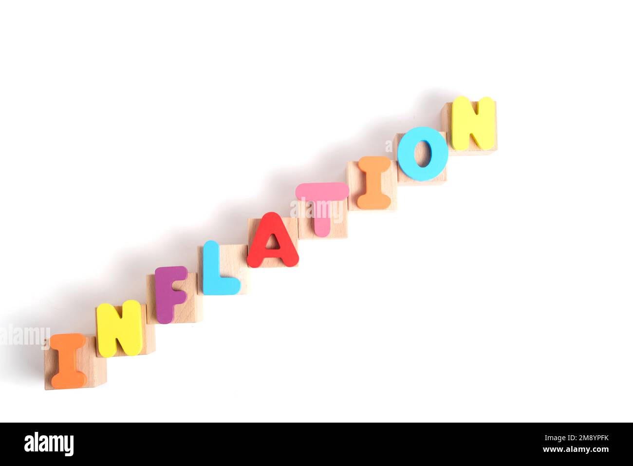 Word inflation is laid out in multicolored letters white background ...
