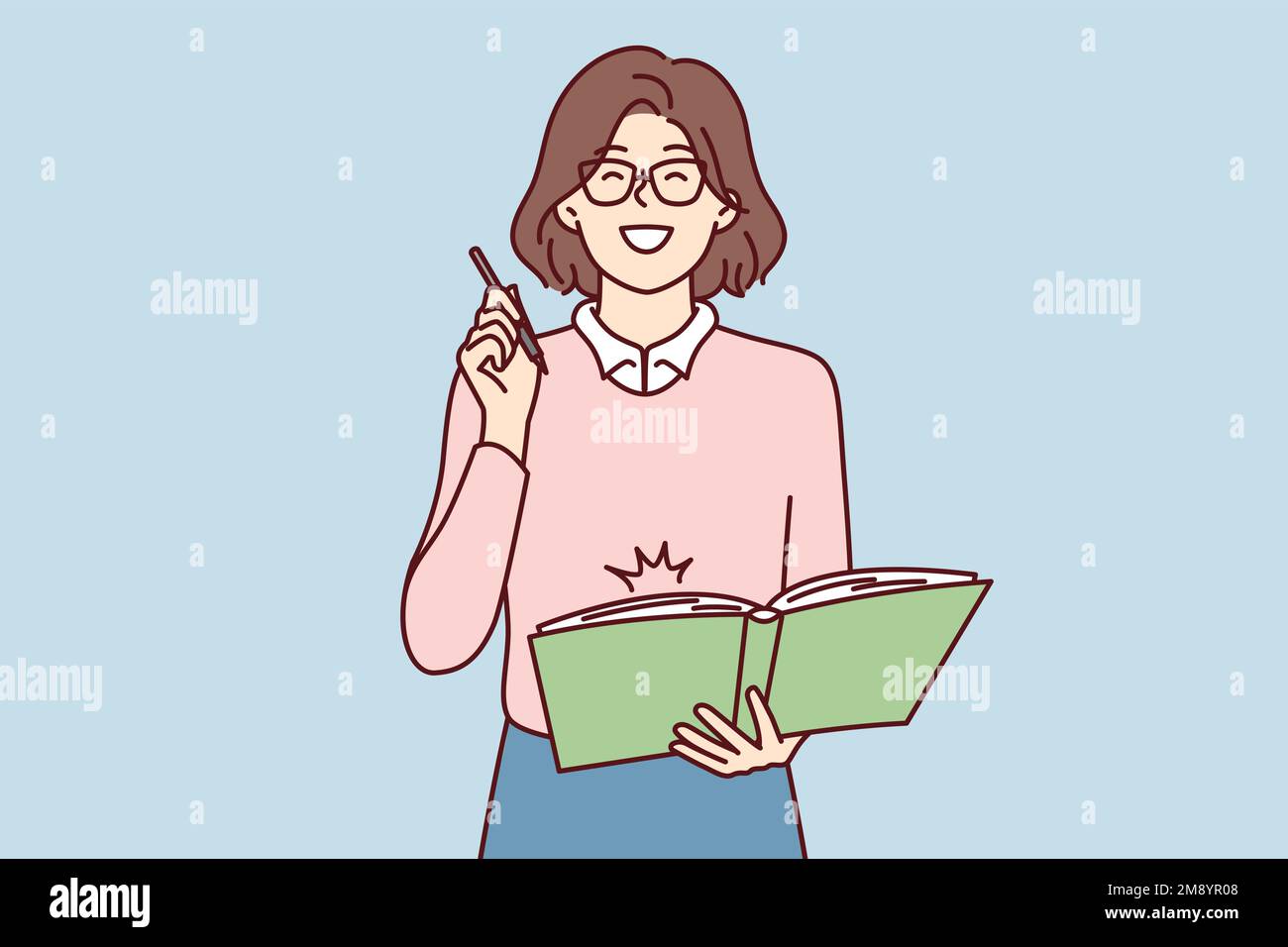 Happy woman in glasses holding large notepad in hands and with smile ...