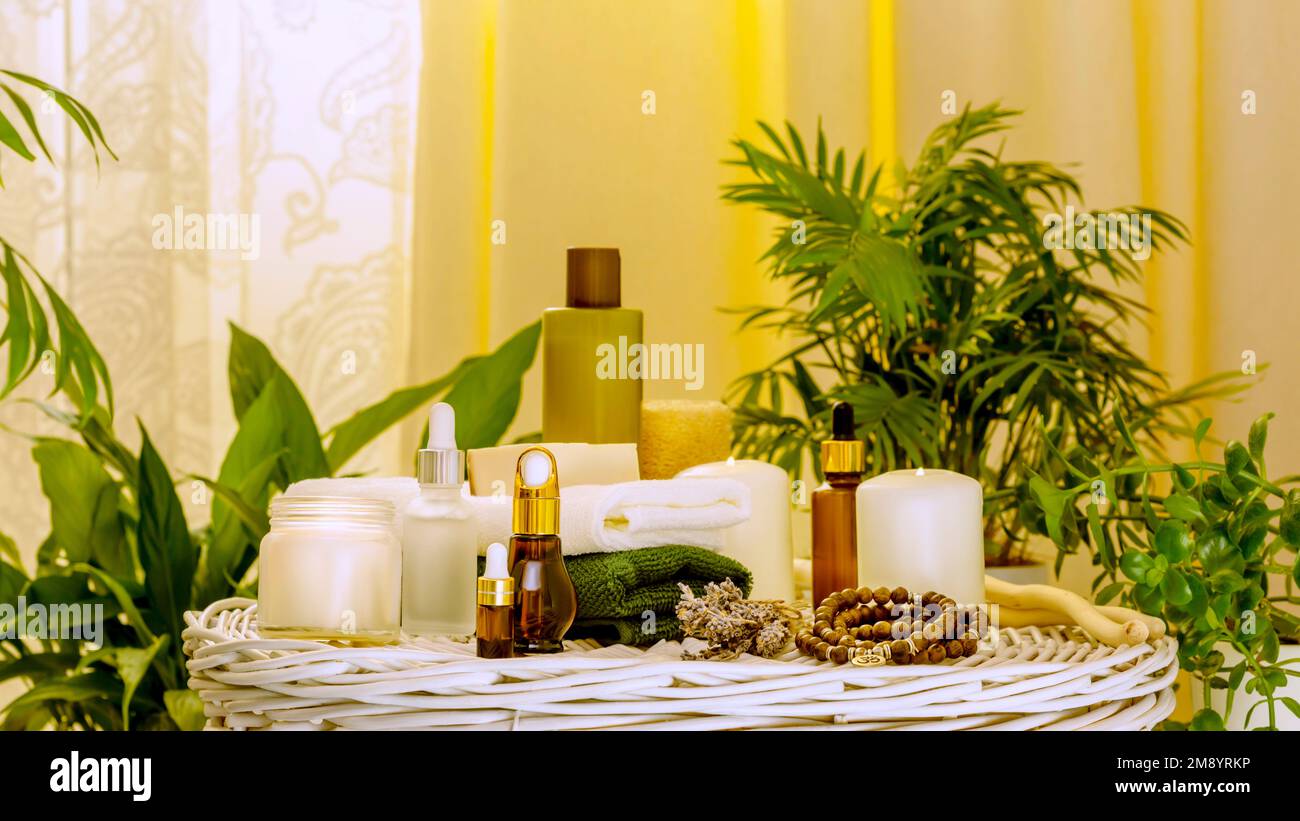 Spa relax still life with beauty products, spa accessories, towels and ...