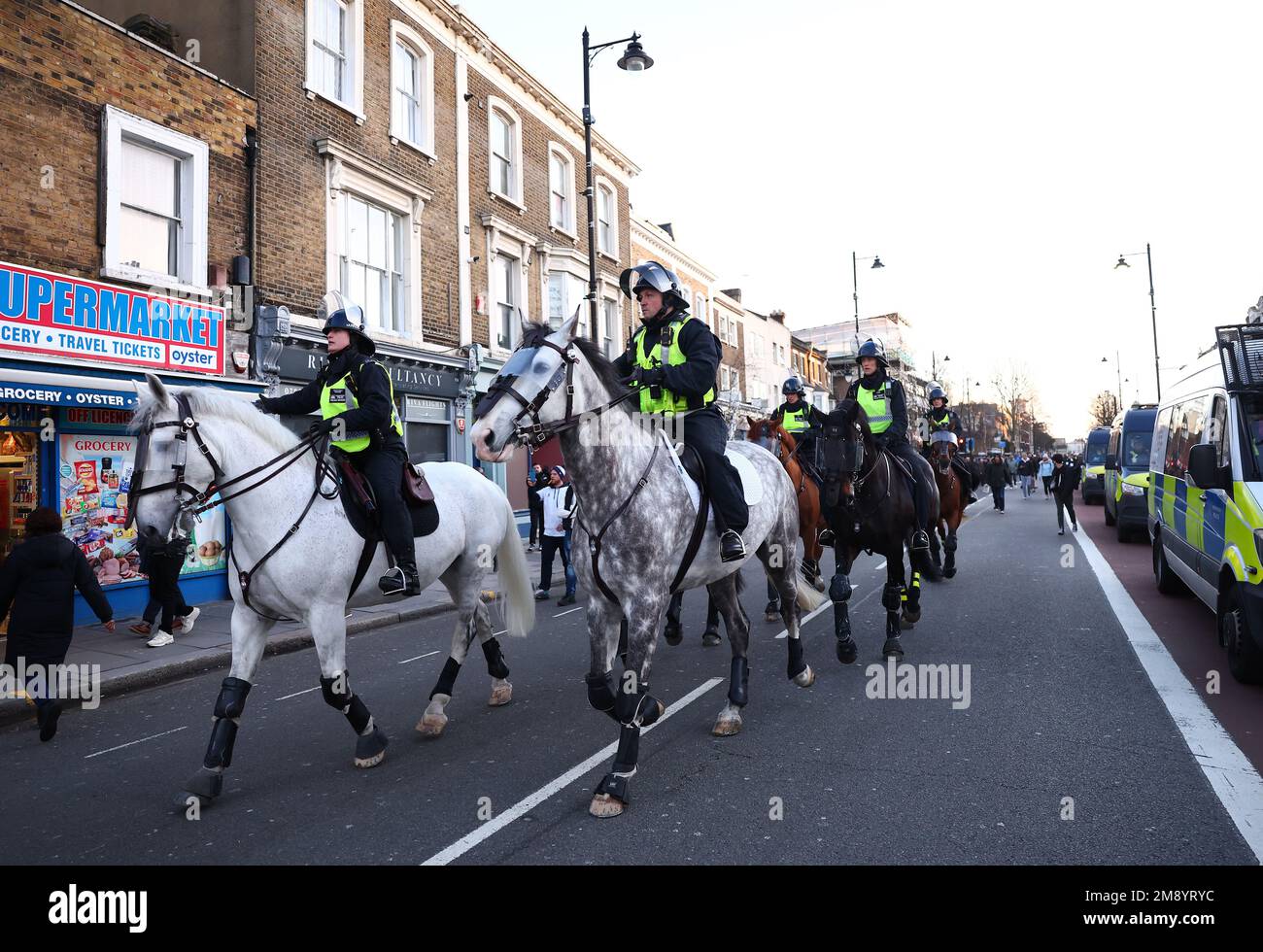 London, UK. 15th Jan, 2023. Police horses outside the stadium during ...