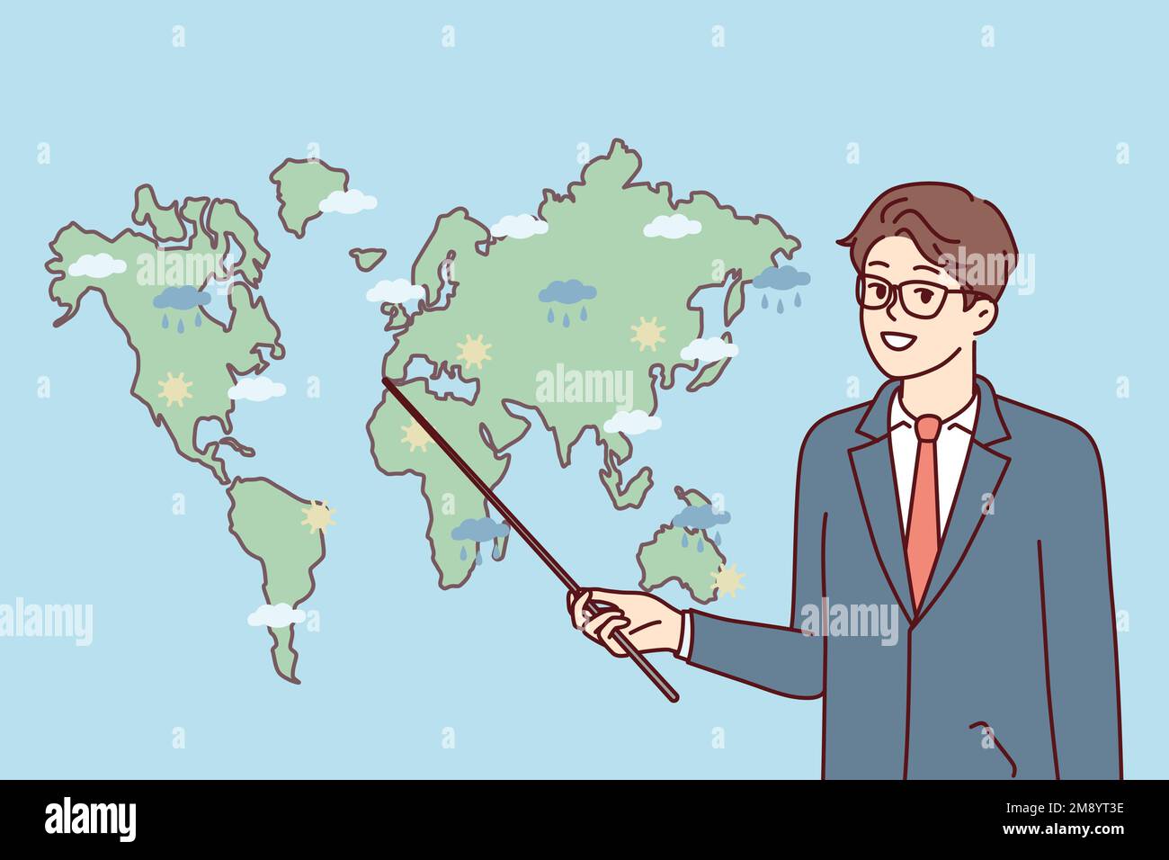 Man weather forecaster showing precipitation prediction map in ...