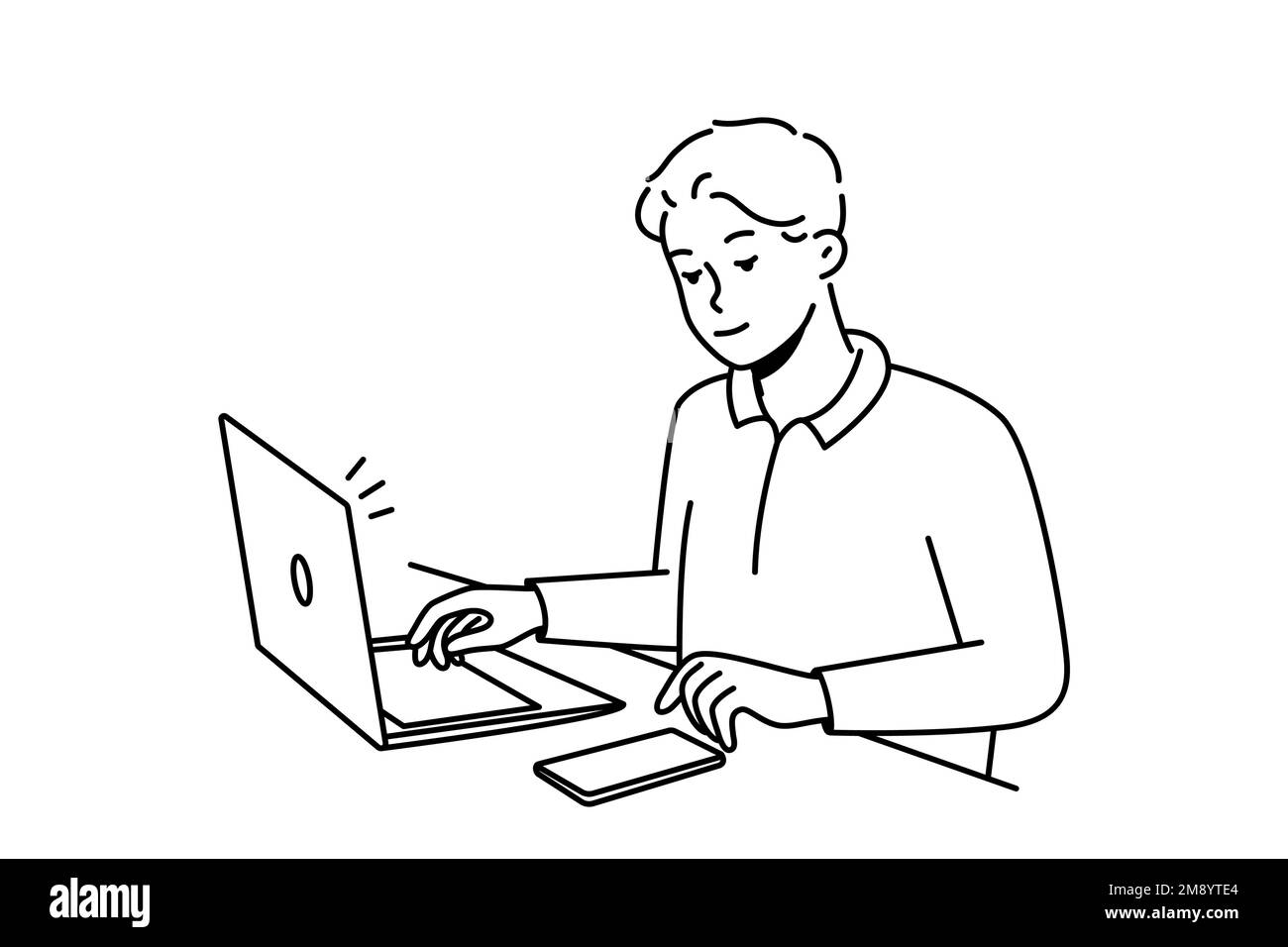 Young businessman sit at desk work on laptop use cellphone. Male ...