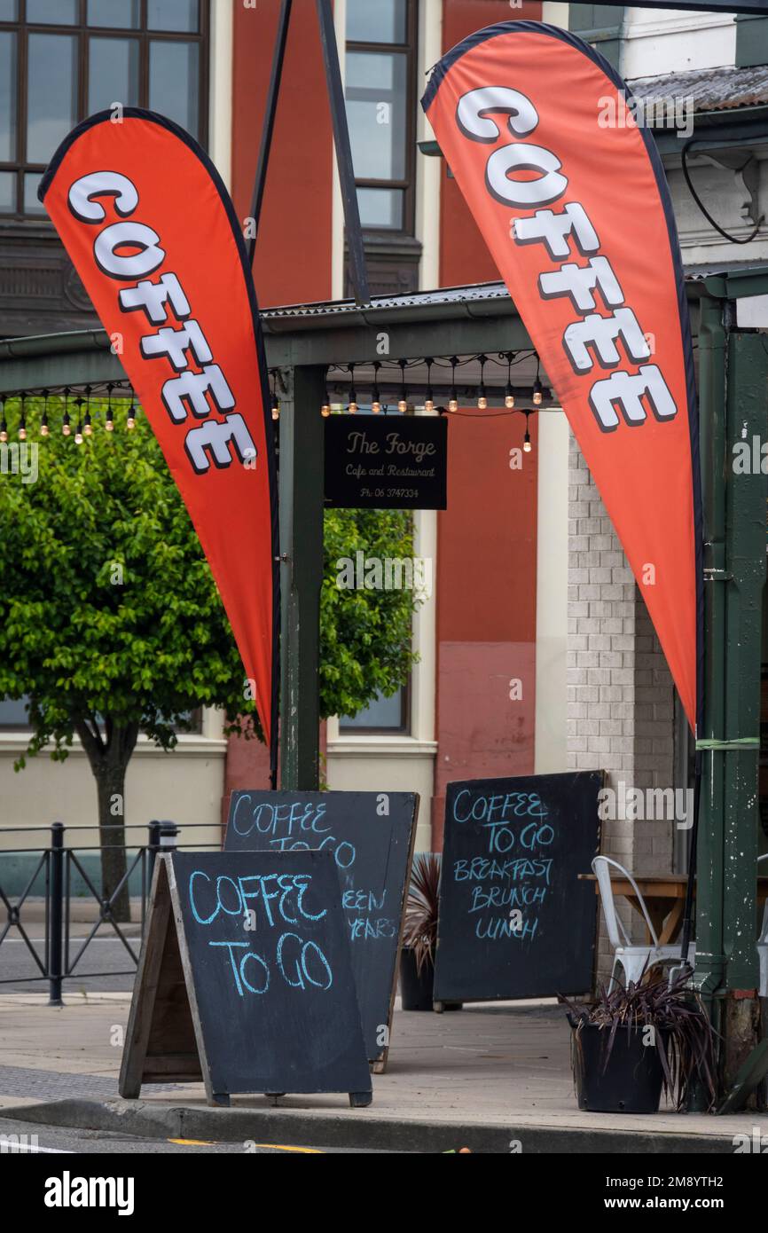 Coffee signs outside restaurant, High Street, Dannevirke, Tararua ...