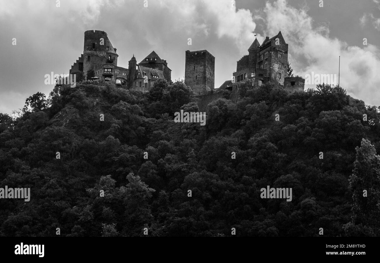 A low angle grayscale view of the historic castle at Rhine River ...