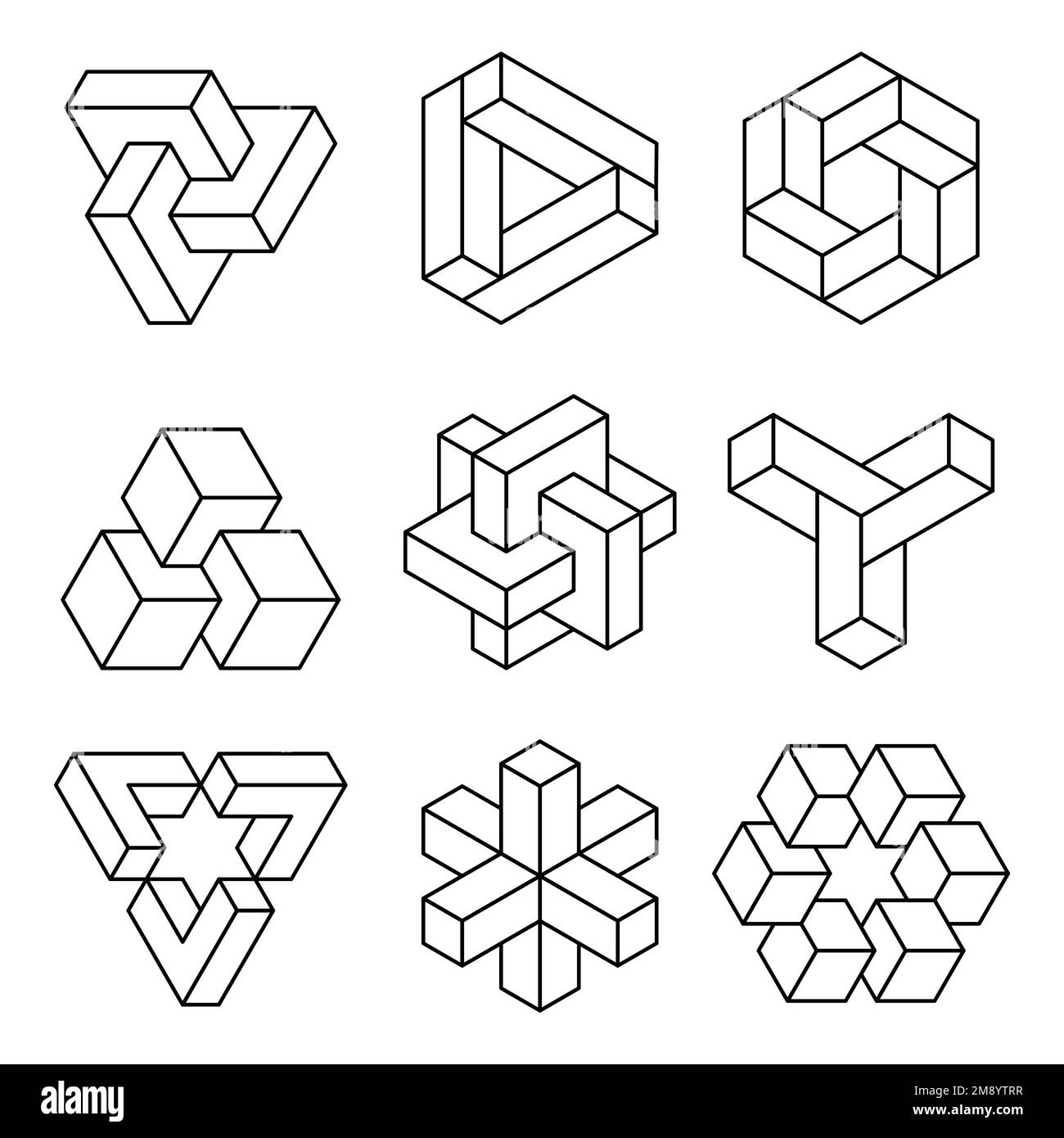 Impossible shapes set line icon. Optical illusion geometry group ... Impossible shapes set line icon. Optical illusion geometry group ...