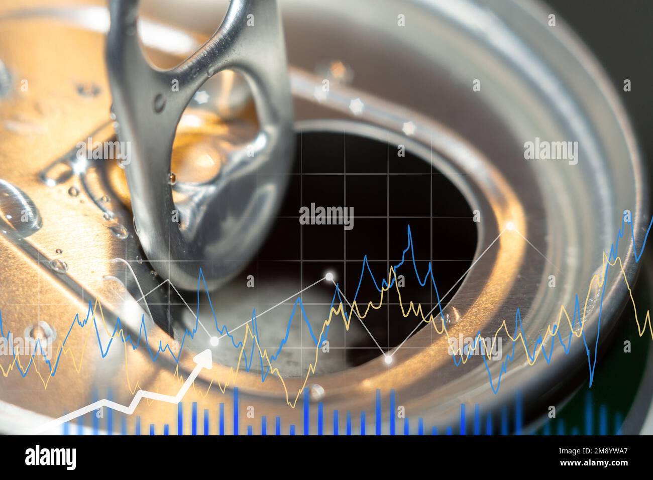 Growth chart, beer production, soda, sales. Open lid cans of aluminum ...