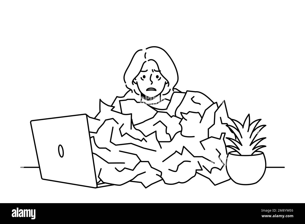 Tired female employee under paper pile overwhelmed with work in office ...