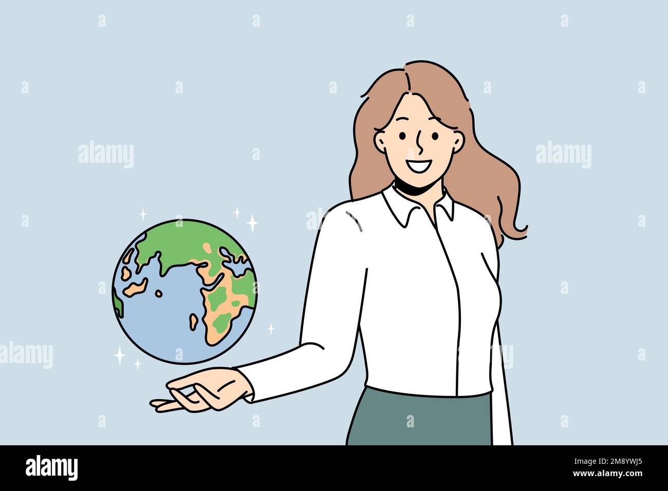 Smiling young female teacher holding globe on hand. Happy woman ...