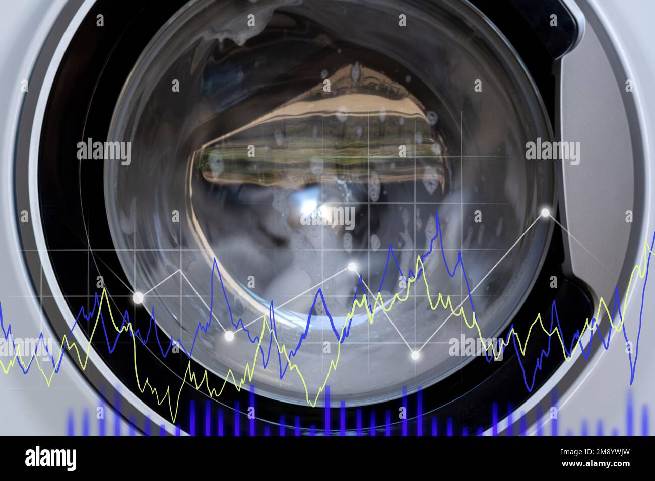 Wash clothes. Water splashes in washing machine drum, close up. Washing ...