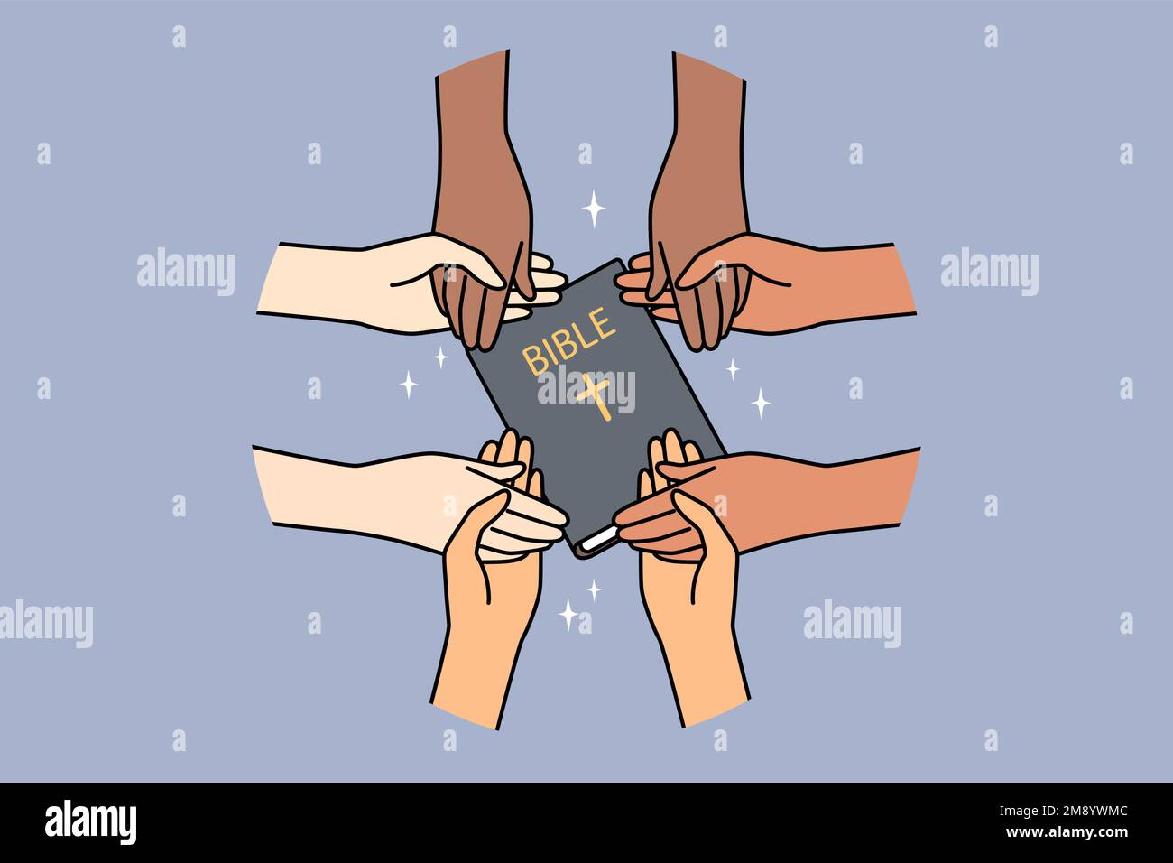 Closeup of diverse interracial people hold hands praying together ...