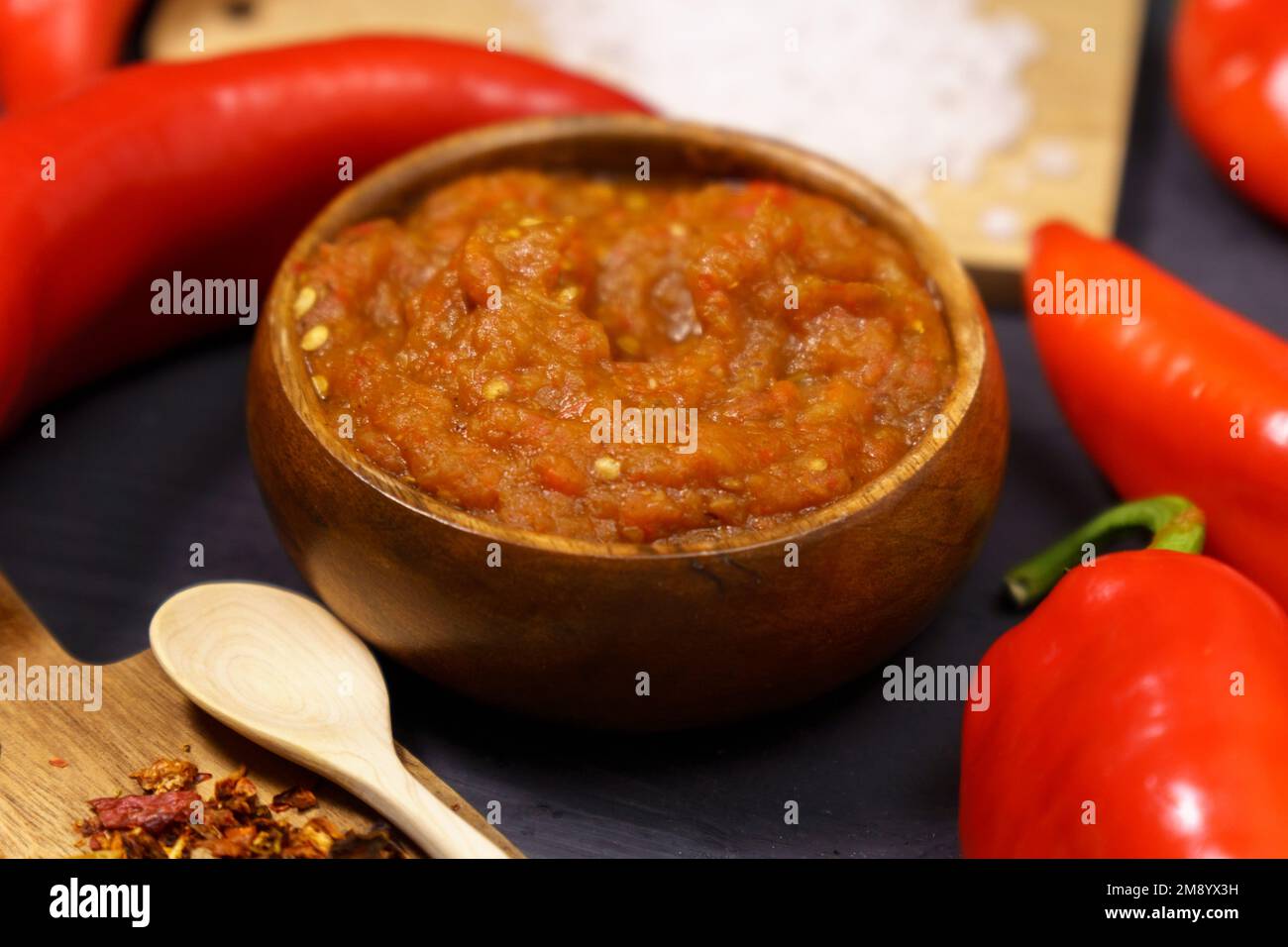 Balkan snack of bell pepper Ajvar and eggplant. Vegan food. Healthy ...