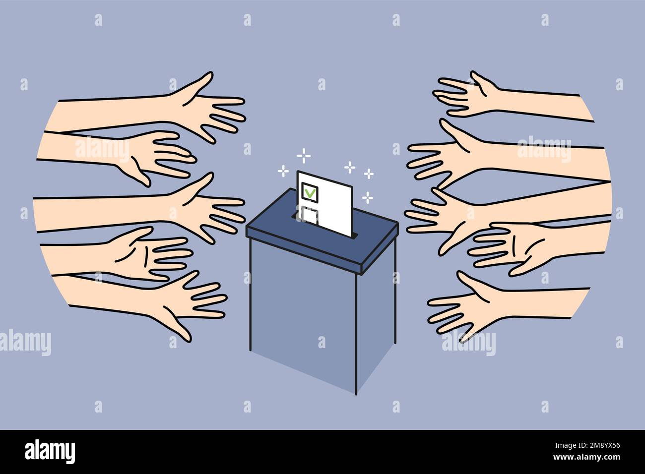 Diverse people near election box voting. Voters stretch hands throw ...