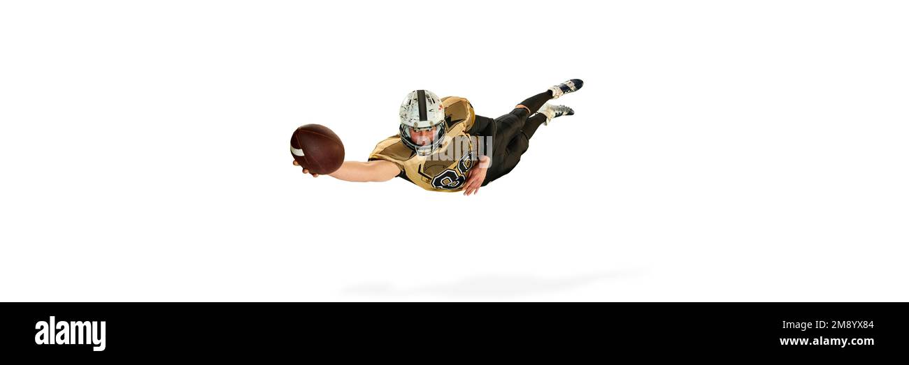 Man, american football player in motion, training, catching ball in a ...