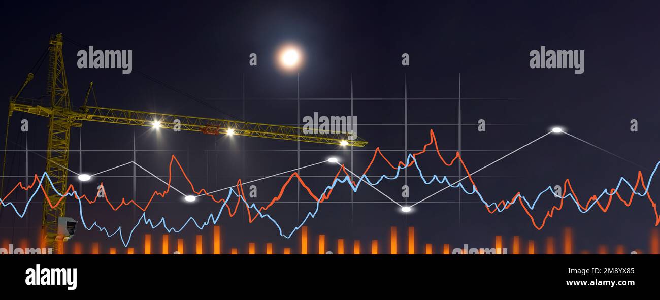 Construction crane working on building site. Infographics charts ...