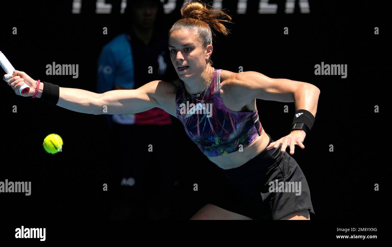 Maria Sakkari of Greece plays a forehand return to Yuan Yue of China ...