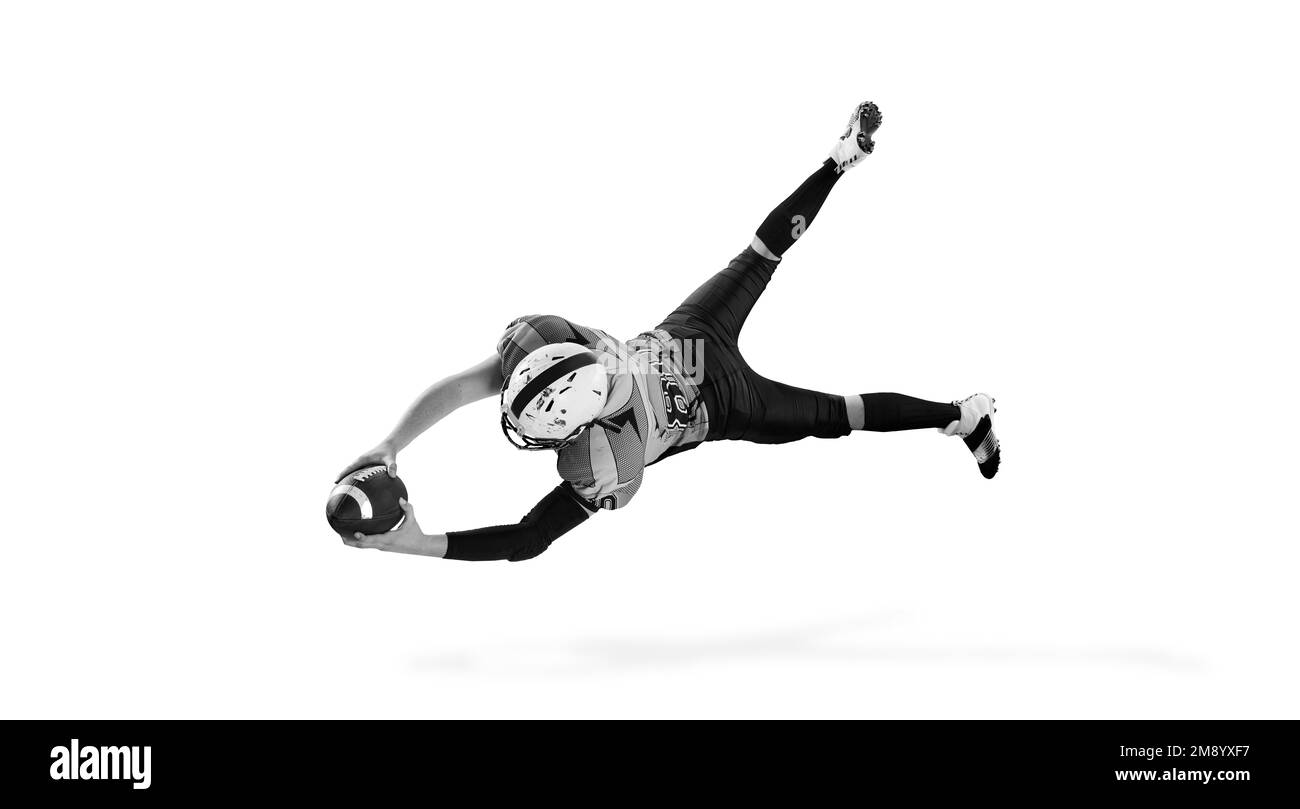 Black and white photography. Man, american football player in motion ...