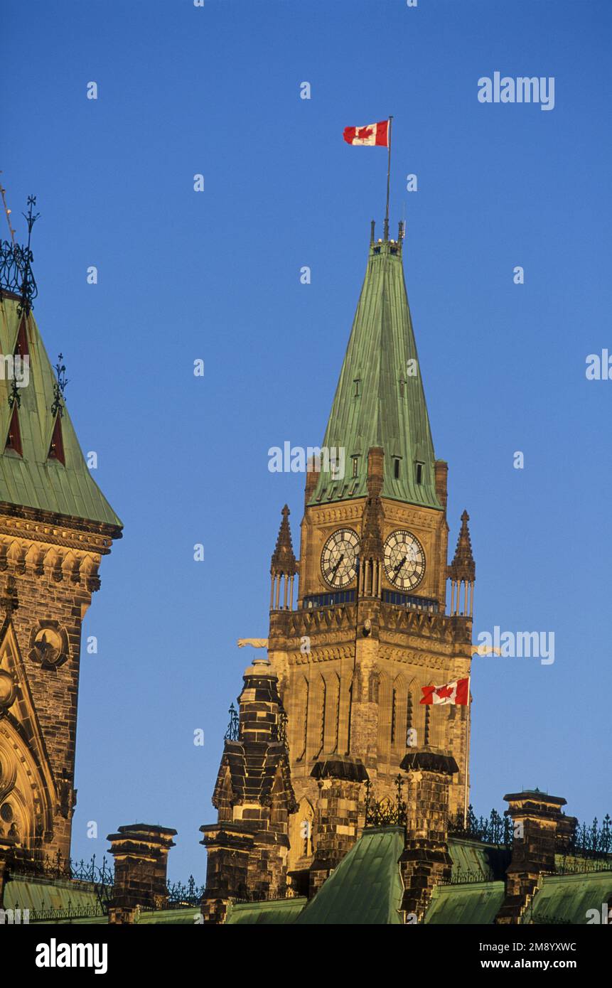 Canada, Ottawa, the peace tower on the Parliament building showing ...