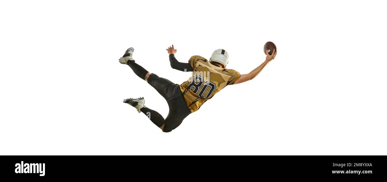 High jump. Man, american football player in motion, training, catching ...