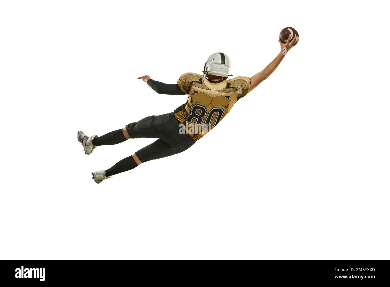 Jumping, catching ball. Man, american football player in uniform ...
