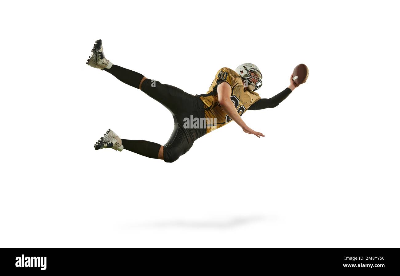 High flight. Man, american football player in motion, training ...