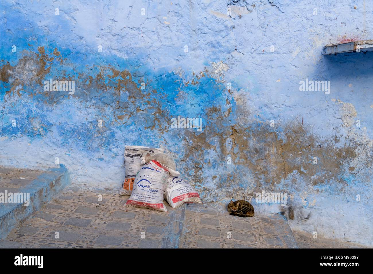 Winding streets in the beautiful city of Chefchaouen in Morocco. Also ...