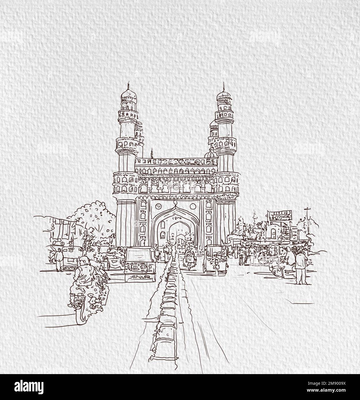 Charminar Hyderabad India, illustration or sketch, hand drawn ...