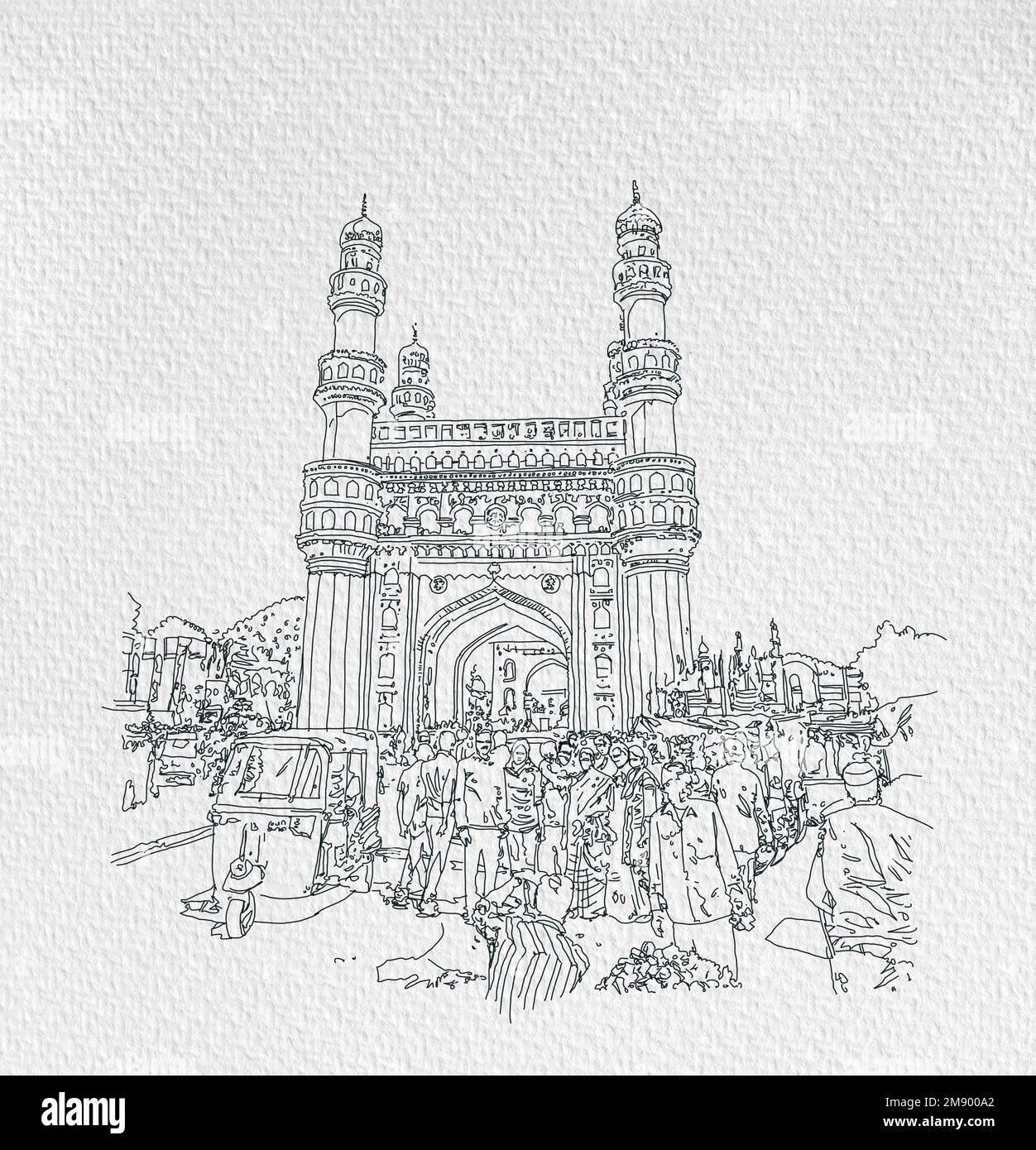 Charminar Hyderabad India, illustration or sketch, hand drawn ...