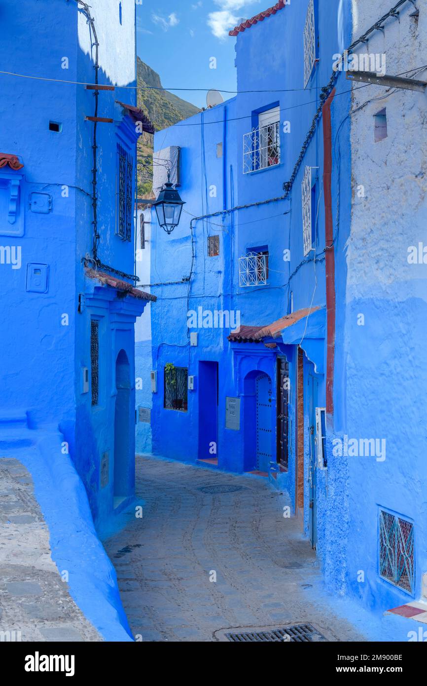 Winding streets in the beautiful city of Chefchaouen in Morocco. Also ...