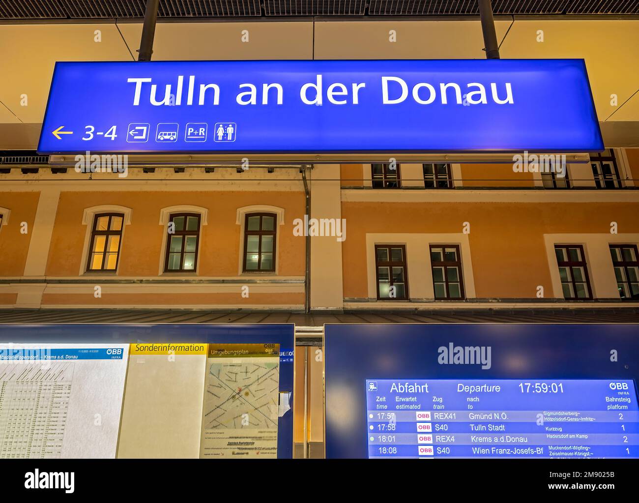 blue destination and indicator boards of the Austrian public railways ...
