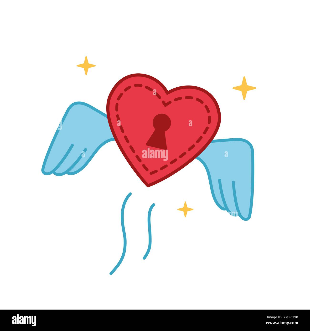 Red shining heart lock with wings is flying in the air. Love is in the ...