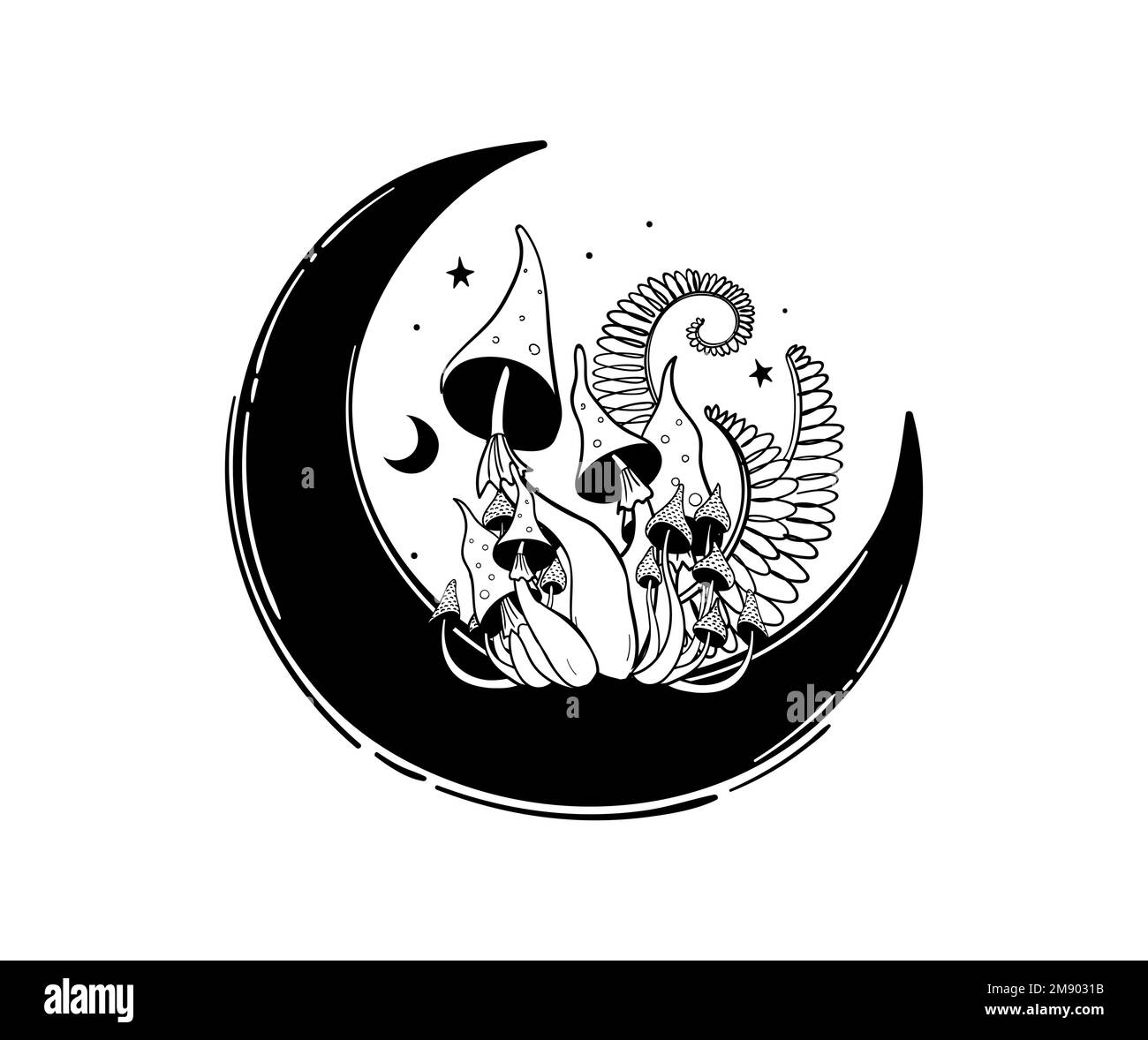 Fly agaric and forest poisonous mushrooms on the moon, boho tattoo ...