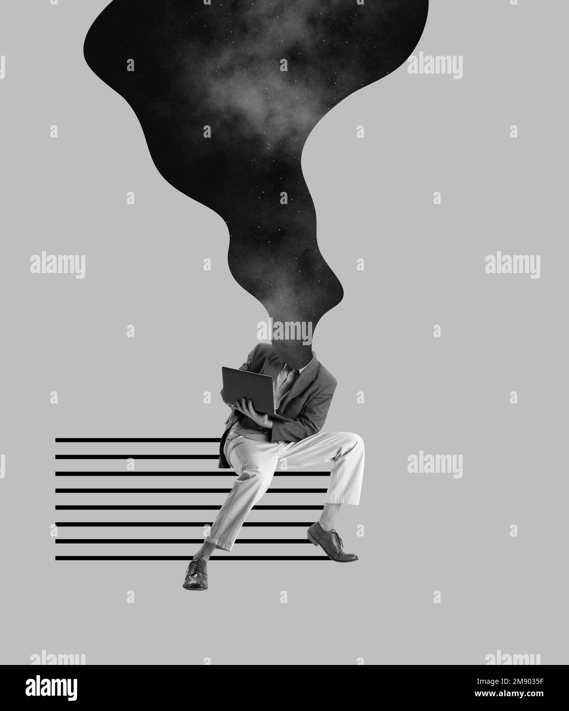 Contemporary art collage. Creative design. Burning head. Man, employee ...