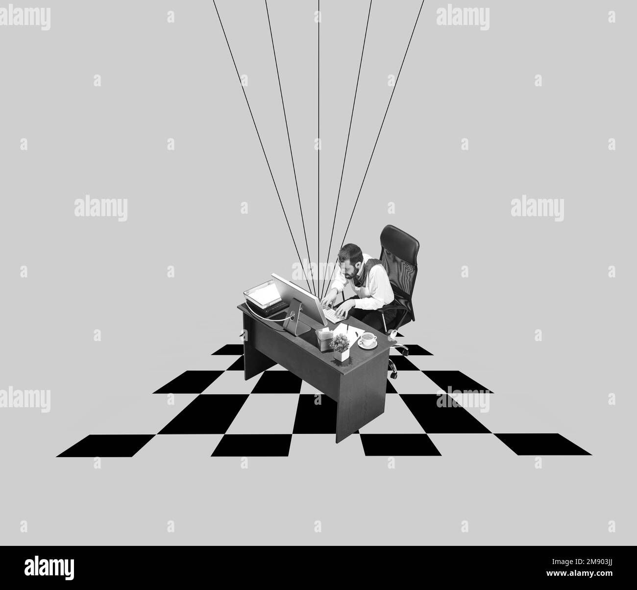 Contemporary art collage. Creative design. Motivated employee sitting ...