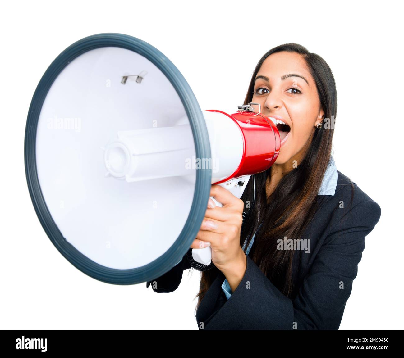 Making the most noise. a young businesswoman shouting into a megaphone ...