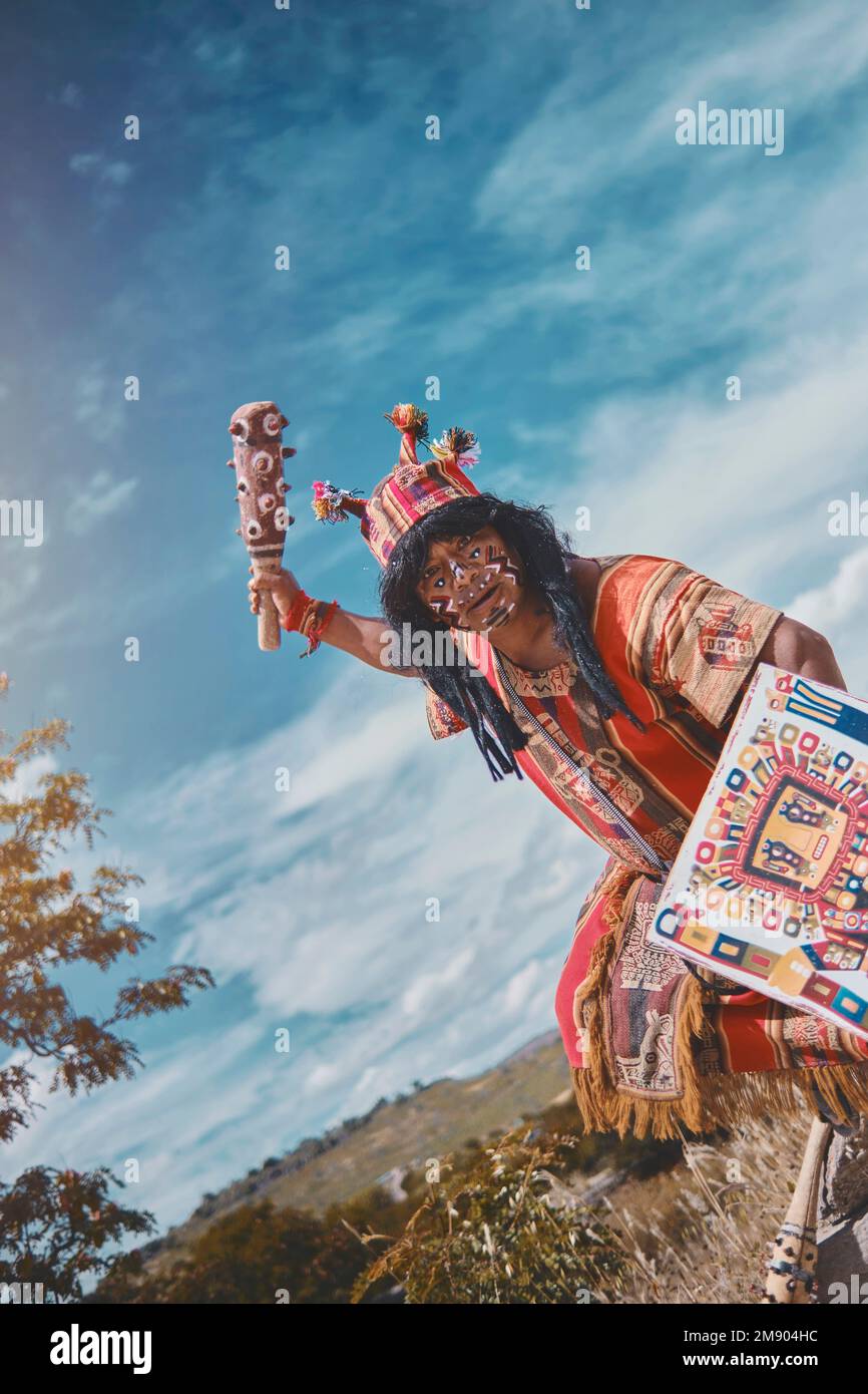 Representation of Inca warrior dressed and with battle weapons ...