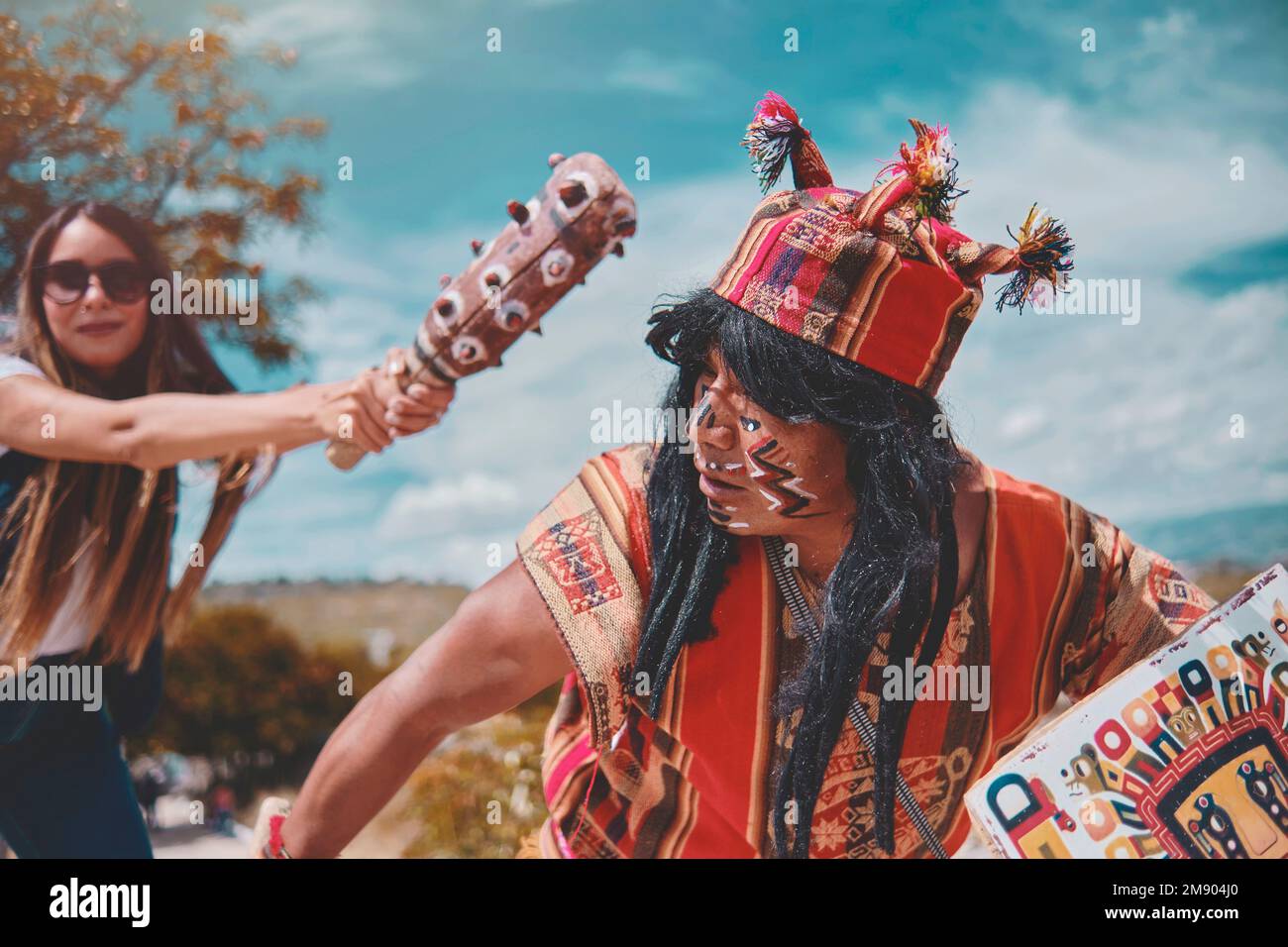 Representation of Inca warrior dressed and with battle, preHispanic ...