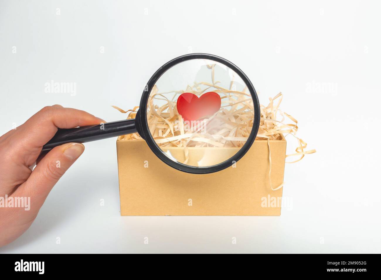 Female fingers hold magnifying glass over red heart in box. Symbol of ...
