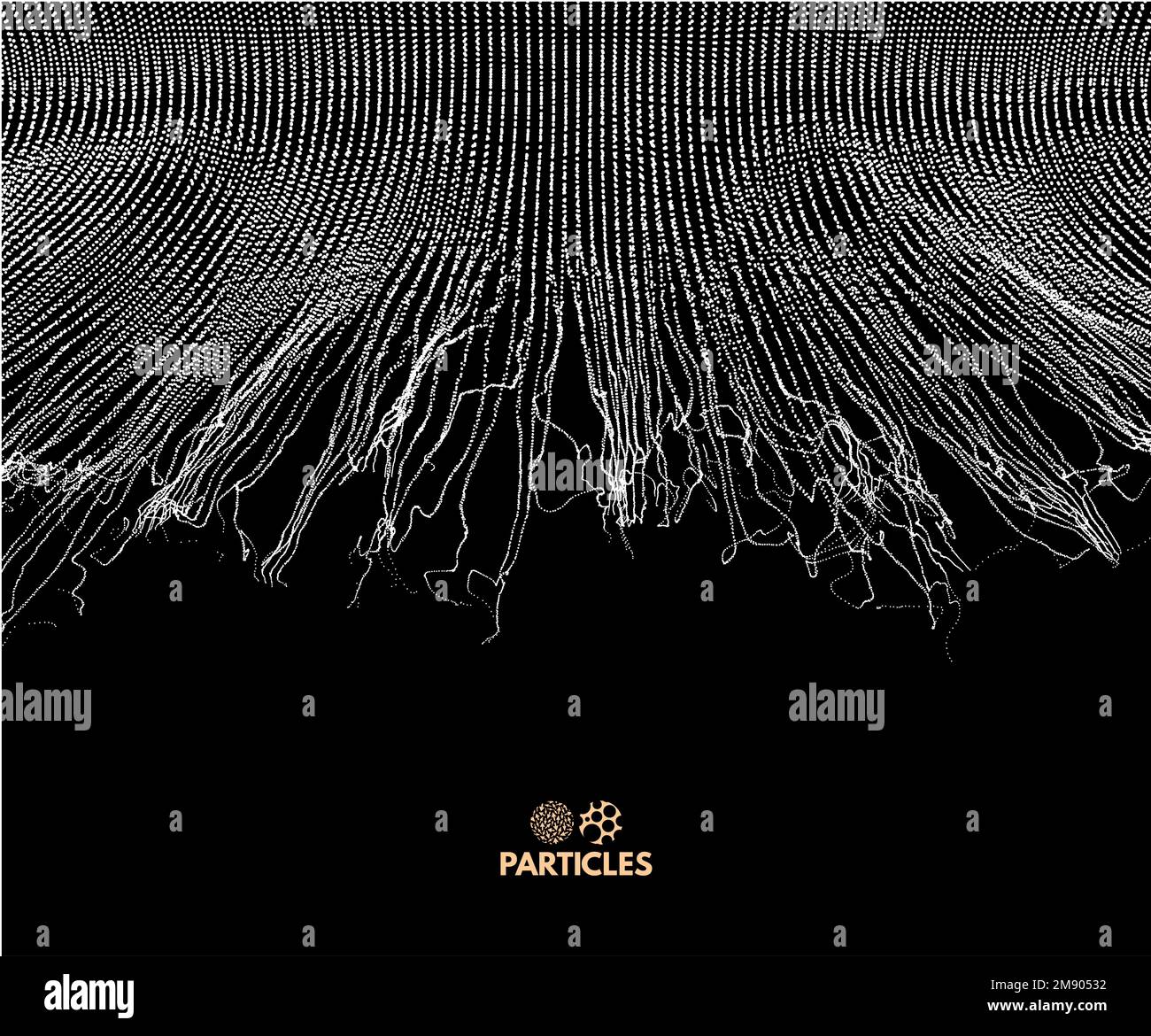 Array with dynamic emitted particles. Water splash imitation. Abstract background. Vector ...