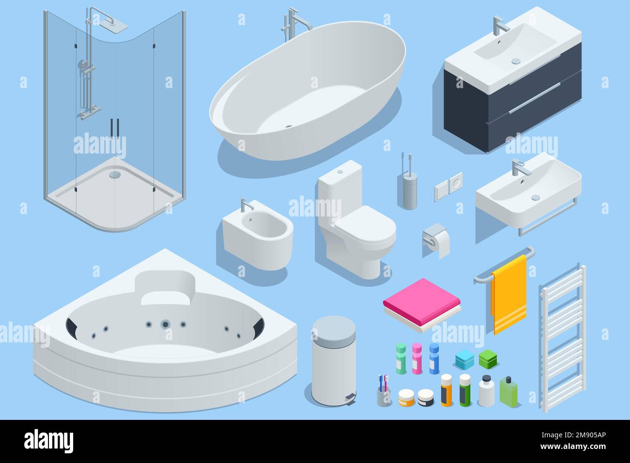 Isometric furniture elements, bathroom elements shower cabin, shower, bathtub, toilet bowl ...