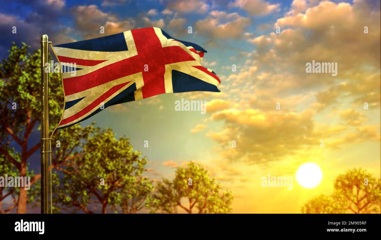 waving flag of United Kingdom (UK) at sundown for state holiday ...