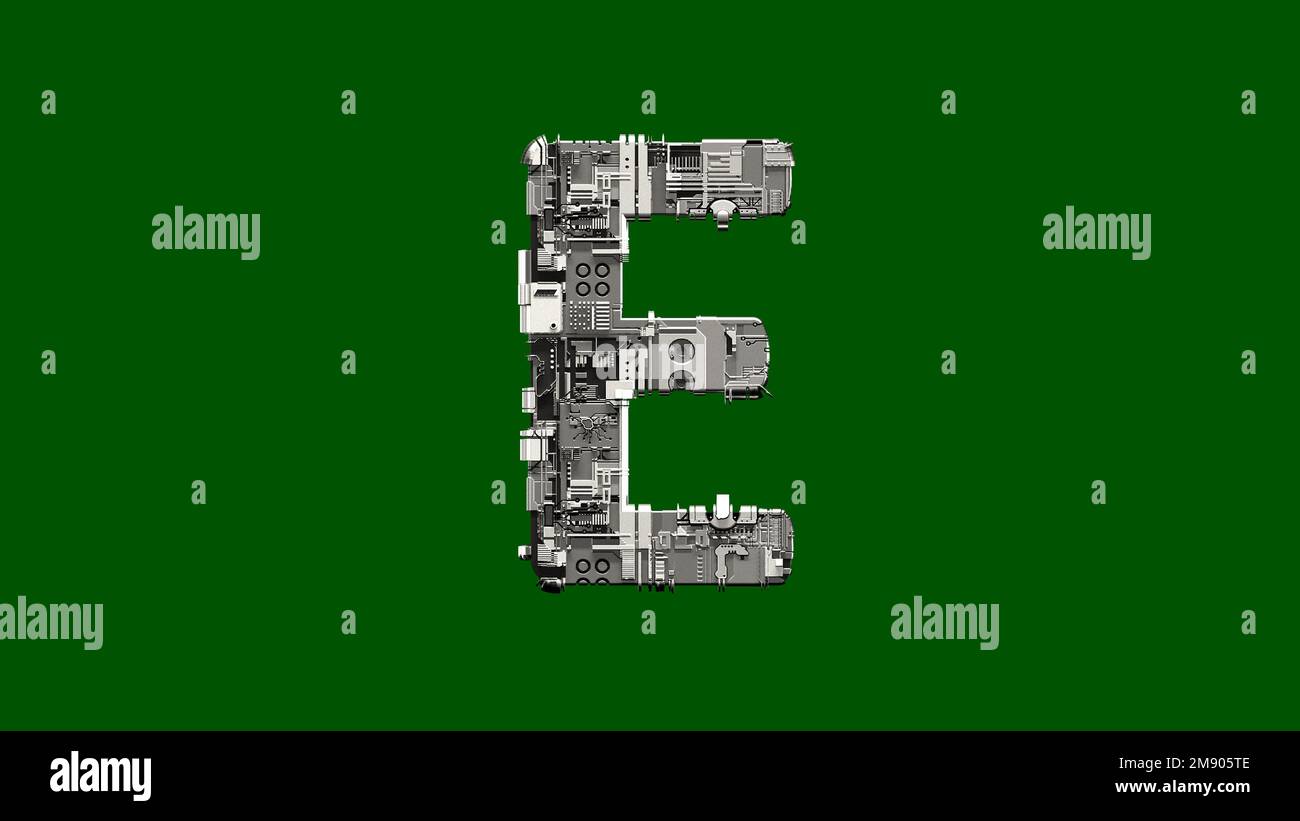 letter E - cyber metal scrap alphabet on green screen, isolated ...