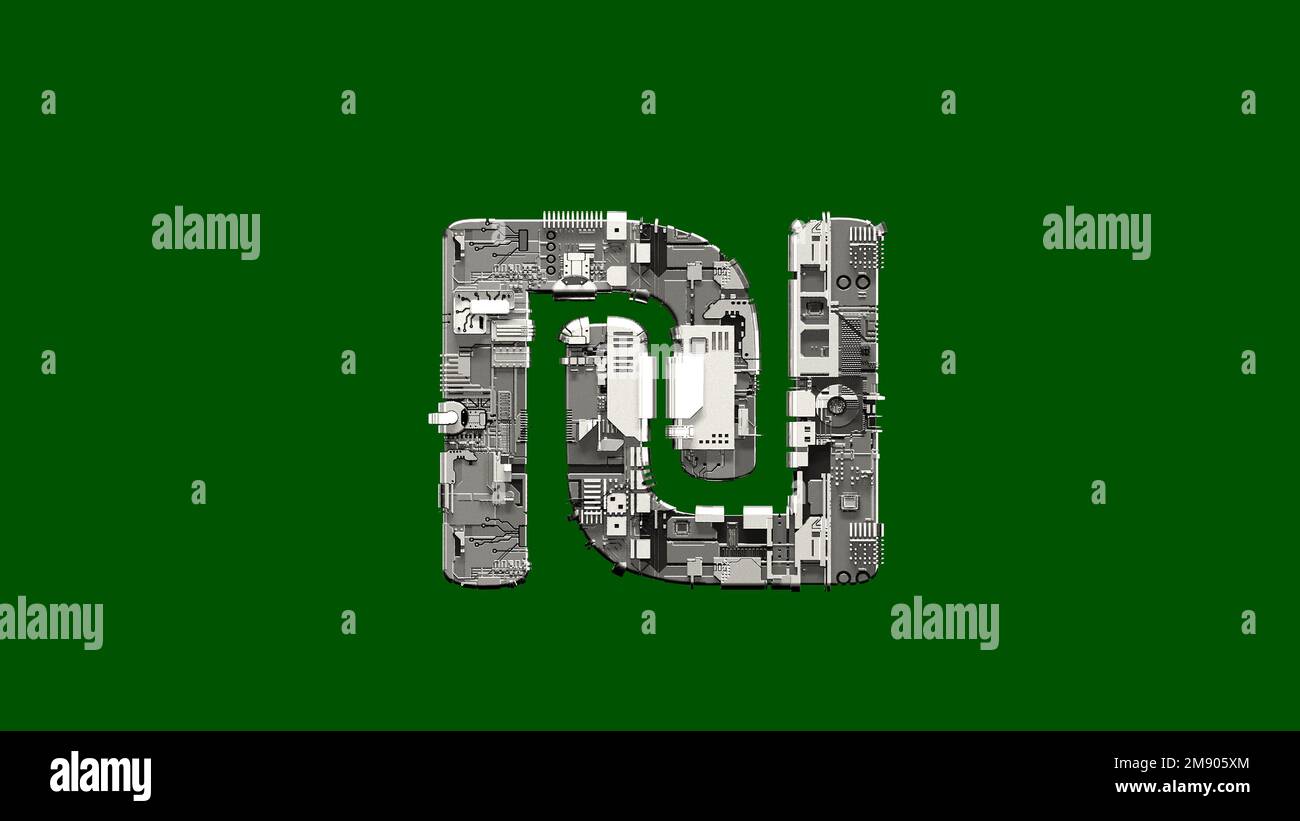 shekel sign - cyber metal scrap alphabet on green screen, isolated ...