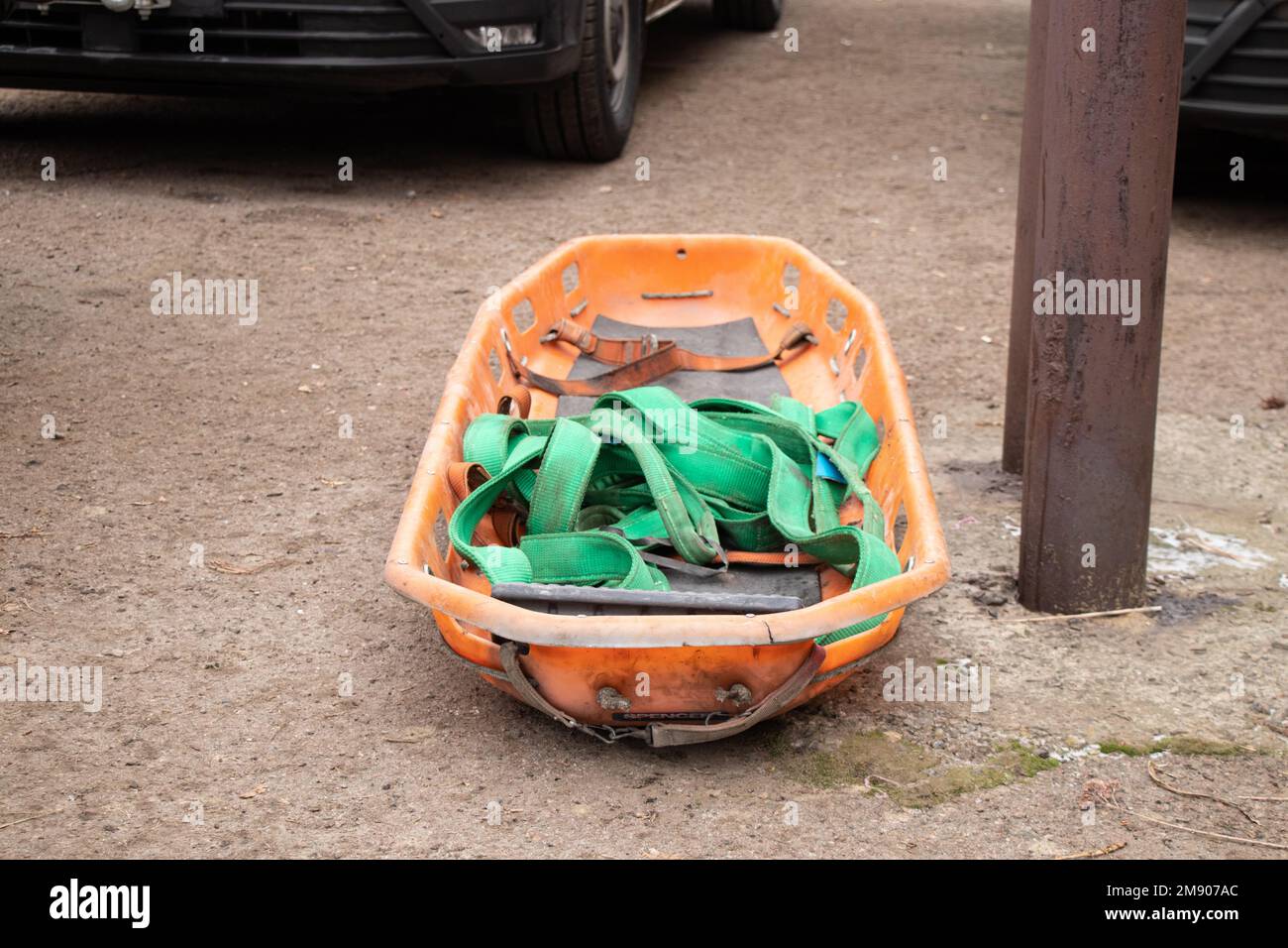 Plastic stretchers for people stand on the roads near the blown-up doa ...